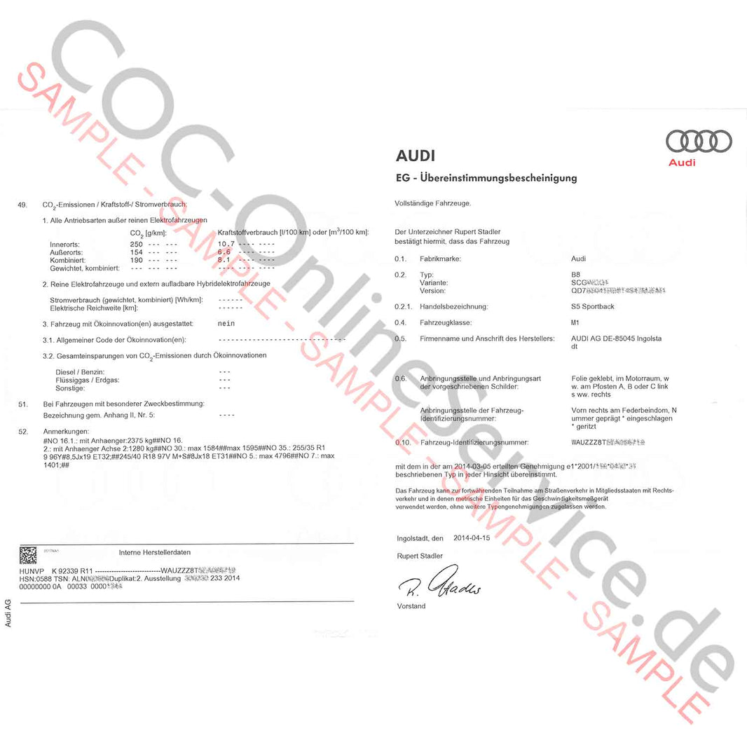 Commandez le document COC pour Audi, Seat et Volkswagen ici – COC-OnlineService.de